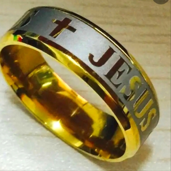 Jewelry | Titanium Steel Gold Plated 8mm Ring With The Cross And Jesus ...